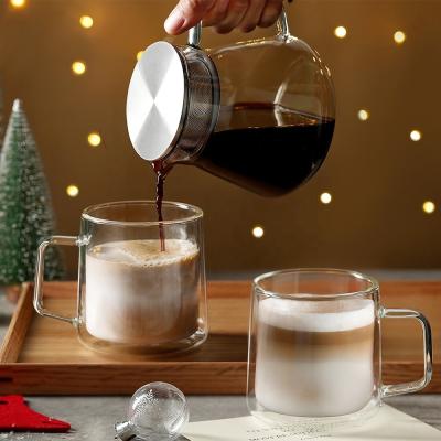 China High Borosilicate Glass Tea Cup 12oz Double Wall Coffee Mug with Handle GW/Box 520 g for sale