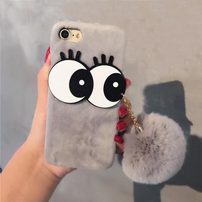China Plush+PC DIY Big Eyes Seto Rabbit Hairball Strap Fluff Back Cover Cell Phone Case For iPhone 7 6s Plus for sale