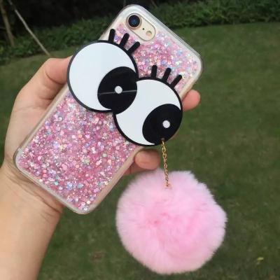 China TPU DIY Big Eyes Seto Rabbit Hairball Strap Glitter Sparkle Back Cover Cell Phone Case For iPhone 7 6s Plus for sale