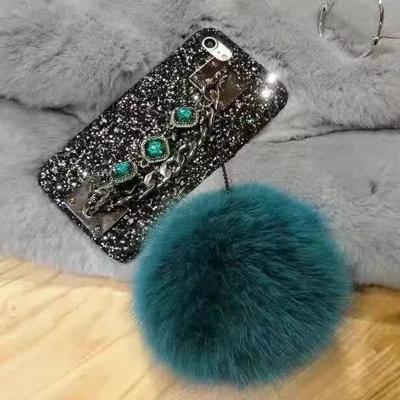 China DIY Luxurious Fox Fur Ball Gem Back Chain Shiny Black Sequins Cell Phone Case Cover For iPhone 7 6s Plus for sale