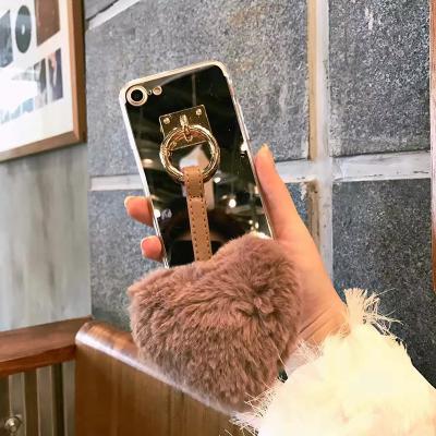 China Hard Mirror PC Korean Style Cortex Sling Love Heart Shape Hiare Ball Pendant Cell Phone Case Cover For iPhone 7 6s Plus for sale