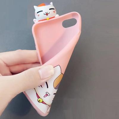 China Soft TPU Lucky Cat Image 3D Doll Pasted Back Cover Cell Phone Case For iPhone 7 6s Plus with Cartoon Lanyard for sale