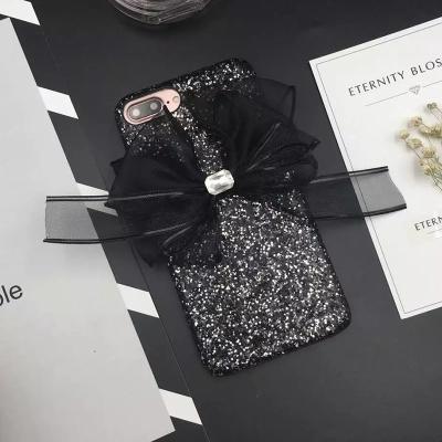 China Korea Style Glitter Back Cover Big Black Yarn Bow Pasted Cell Phone Case For iPhone 7 6s Plus for sale