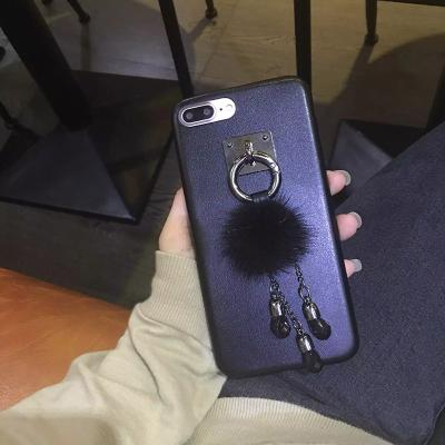 China PU Black Metal Buckle Small Hairball Pearls Pendant Strap Cell Phone Case For iPhone 7 6s Plus for sale