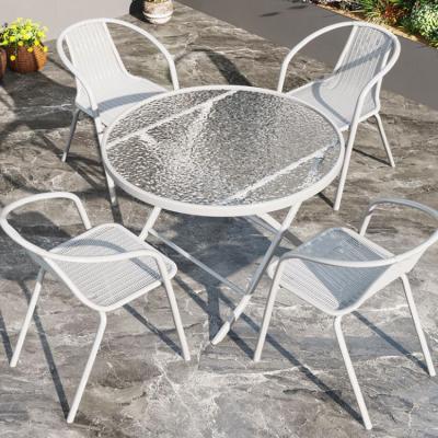 China Outdoor Balkon Restaurant Cafe Tuin Leisure Metalen Glas Ronde Tafel en Rattan Stoel Te koop