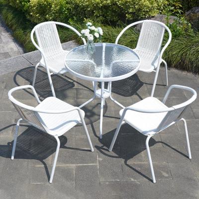 China Outdoor Balkon Restaurant Cafe Tuin Leisure Metalen Glas Ronde Tafel en Rattan Stoel Te koop