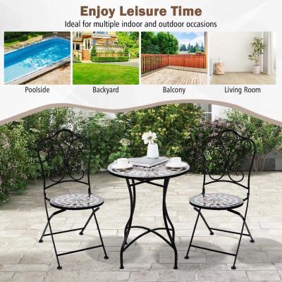 China Outdoor Furniture AJUNION 2 Seating Chair and Table Set Metal Iron Foldable Chair Antique Mosaic Tile Table Bistro Set for sale