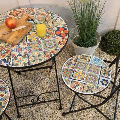 China AJUNION 3pcs Outdoor Bistro Metal Table Chair Set Antique Mosaic Ceramic for Garden for sale