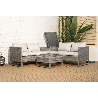 China Outdoor Rattan Sectional Sofa Set with Fire Pit Table and Storage Box AJUNION 4 Seater for sale