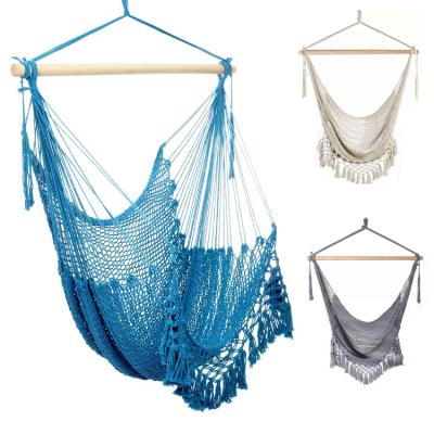China Outdoor Garden Portable Hanging Cotton Rope Hammock Chair with Tassel Wood Stand for sale