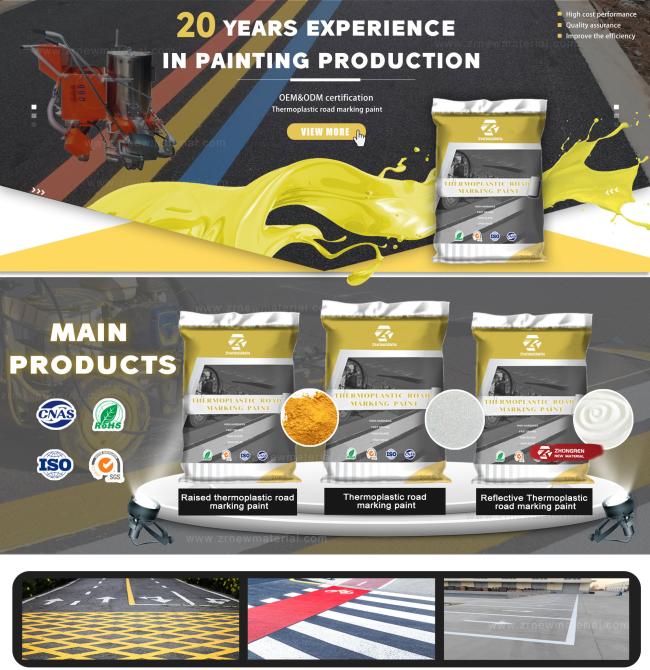 Thermoplastic road marking paint application on asphalt surface