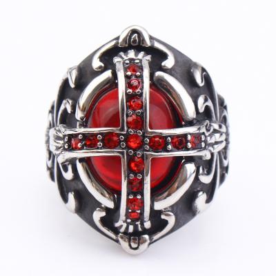 Cina Anello di croce da uomo di tendenza in acciaio inossidabile diamante rosso gioielli gotici retrò 28mmX23mm in vendita