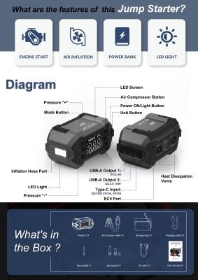 Cina 8.0L Benzina Portable Power Bank Multifunzionale Car Jump Starter con compressore d'aria per tutte le auto in vendita