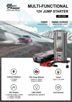 Cina Potenza di 20000mAh di alta capacità Car Jump Starter Power Bank con uscita di 3000A e luce di lavoro LED in vendita