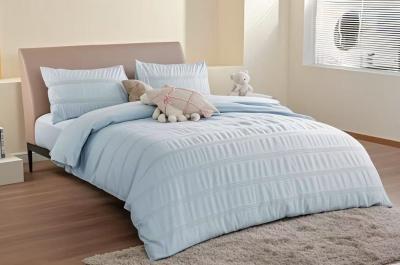 Cina Seersucker cotone riciclato poliestere set di copriletto sostenibile blu chiaro copriletto re in vendita