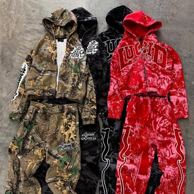 China Custom Tracksuits Men Full All Over Dtg Print Zip up Hoodie Streetwear Baggy Stacked Vintage Flared Sweatpants and Hoodies Set for sale