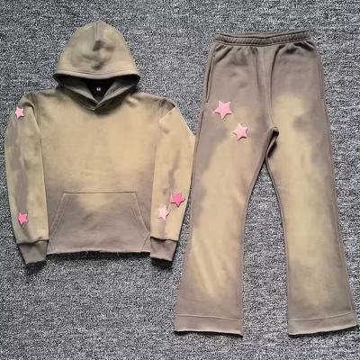 China Sweat Suit Supplier Wholesale Men Oversized Brown Sweatsuit Puff Printing Hoodie Custom Logo Heavy Weight Tech Fleece Tracksuit for sale
