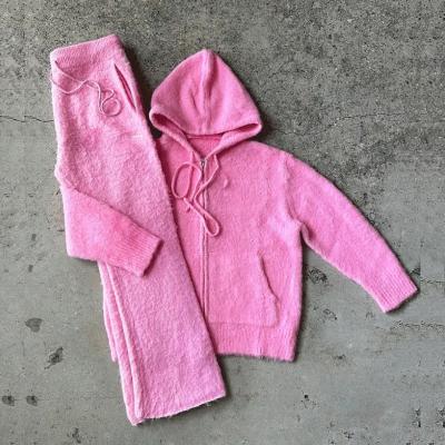 China Mei Yue 2024 Custom Embroidery Logo Men Fuzzy Brushed Zipper Mohair Hoodie Sweater and Pants Mohair Sweats Suit Set for sale