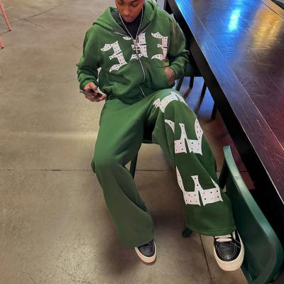 China Custom Zip Up Hoodie Embroidery Rhinestone Patch Diamond Acid Wash Hoodies Loose Baggy Sweatpants Tracksuit Hoodie Jogger Set for sale