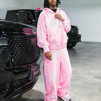 China Rhinestone Embroidered Patch Distress Sweat Suit Acid Wash Vintage logo Baggy Tracksuit Manufacturer Custom for sale