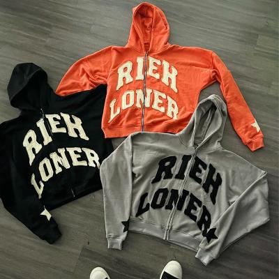 China Applique Embroidered Patches Logo Acid Wash Zip Up Hoodie Heavyweight for sale