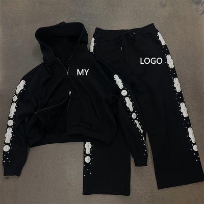 China Custom Acid Wash Sweatsuit Embroidery Patchwork Cotton Hoodie Jogging Suits Flared Sweatpants and Hoodie Set Tracksuits for Men for sale