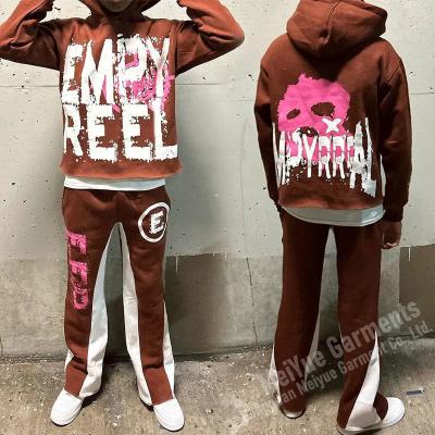 China Custom Streetwear Cropped Hoodie Men Vintage No String Pullover Cut and Sew Hoodies Flared Sweatpants and Hoodie Set for sale