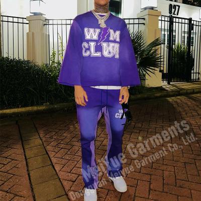 China Custom Acid Wash Hoodie Vintage 2 Piece Set Distressed Raw Cut Edge Sleeve Hem Cropped Hoodies Flared Sweat Pant and Hoodie Set for sale