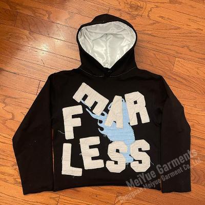 China Distressed Applique Embroidery Hoodie Double Layer Stain Lined Distressed Pullover Hoodie for sale