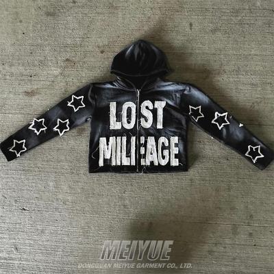 China Leather Applique Embroidery Hoodie Cropped Raw Hem Hoodie 420 Grams 480 Grams for sale