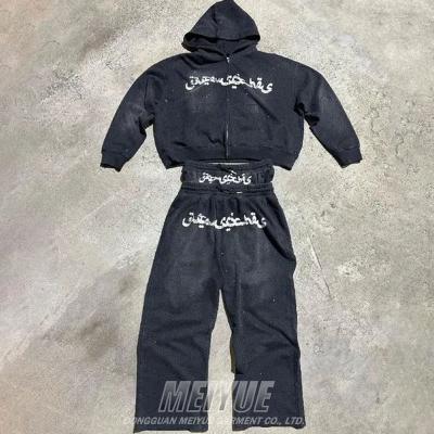 China Custom Screen Logo Acid Washed Tracksuit Sun Faded Hoodies Streetwear Tracksuit for sale