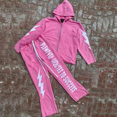 China Breathable Zip Up Cropped Sweatshirt Set Applique Embroidered Patch Unisex Track Suits for sale