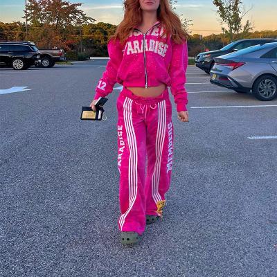 China Custom Manufacturer Sweatsuit Acid Wash Distressed Zip up Rhinestone Cropped Hoodie and Sweatpants Outfits Set Women Tracksuit for sale