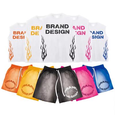 China Acid Wash Short Set Vintage Streetwear Screen Print Drop Shoulder Cotton Men's T-shirt Sets Sleeveless T Shirt and Shorts Set for sale