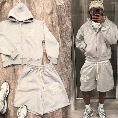 China Custom Unisex Sweatsuits Cotton Jogger Suits 2 Piece Set Patchwork Screen Print Plain Baggy Tracksuit for Men Hoodie Short Set for sale
