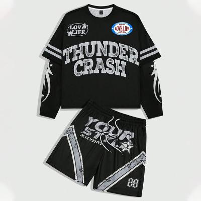 China Custom Long Sleeve Double Layer t Shirt Screen Print Jersey Summer Short Set Stripe Mesh Jersey Boxy Crop Tshirt and Shorts Set for sale