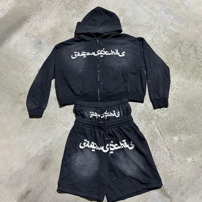 China Custom Cotton Full Rhinestone Zip up Sun Faded Double Waisted Baggy Acid Wash Sweat Shorts Set Hoodie and Shorts Set for Men for sale