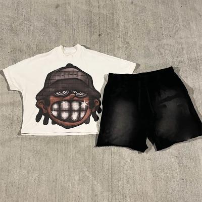 China Summer Screen Print Logo Tee Acid Washed Vintage Cotton Shorts Streetwear Joggers Suits Tshirt and Shorts Set Men Custom Logo for sale