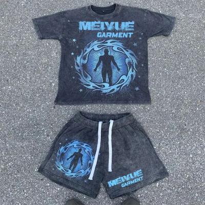 China Custom Streetwear Summer Acid Wash Vintage Boxy Heavyweight Two Piece Shorts Suit Screen Printing Tee T Shirt and Shorts Set for sale