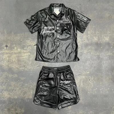China Custom Leather Polo Shirts Shorts 2 Piece Set Sweatsuits Button up Polo T Shirt Drawstring Cargo Shorts Pants Tracksuits for Men for sale