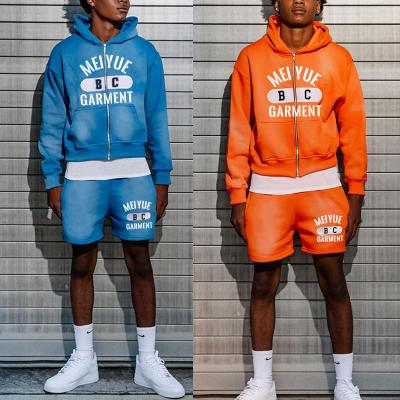 China Custom Acid Wash Cropped Hoodie Vintage Shorts Track Suit Sun Faded Shorts Zip up Screen Print Hoodies and Short Set for Men for sale