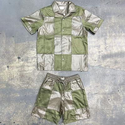 China Custom Summer Jogging Suits Two Piece Splice Leather Short Jacket Set High Quality Suede Fabric and Leather Tracksuit Men for sale