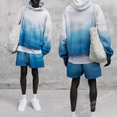 China Custom Pullover No Strings Hoodies Heavy Tie Dye Acid Wash Vintage Hoodie Shorts Set 100% Cotton Sweat Shorts and Hoodie Set for sale