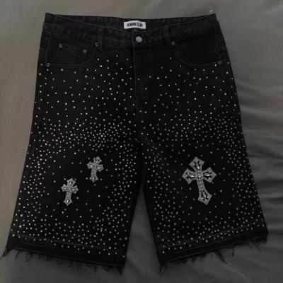 China Custom Slim Jeans Summer Vintage Street Wear Heavyweight Denim Shorts Manufacturers Men's Baggy Denim Shorts Rhinestone Jorts for sale