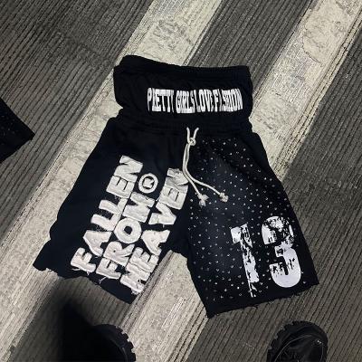 China Custom Rhinestone Shorts Double Waist Applique Embroidered Patch Street Pants Distressed Raw Hem Shorts Sweatpants for Men for sale