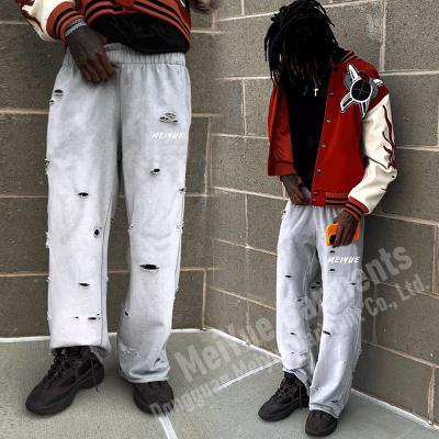 China Custom Mens Ripped Joggers Straight Wide Leg Flared Baggy Holey Stacked Sweatpants Men Casual Track Sweat Pants Trousers for Men for sale