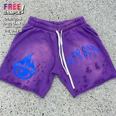 China Custom Shorts Summer Puff Print logo Shorts Acid Washed Rips Distressed Cut Edge Vintage Streetwear Casual Raw Hem Shorts Men for sale