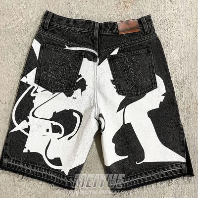 China Custom Jogger Puff Print Applique Embroidery Raw Hem Logo Streetwear Baggy Distressed Black Washed Denim Jeans Shorts for Men for sale