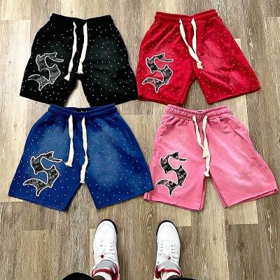 China Custom Rhinestone Screen Print Logo Pocket Acid Wash Vintage Men's Shorts Sweat Cotton French Shorts Jogging Cotton Shorts for sale