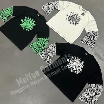 China Custom Streetwear Screen Print Tshirts Patchwork Tee Long Sleeve Unisex Double Layer T Shirt Oversized Layered Cotton T-shirt for sale